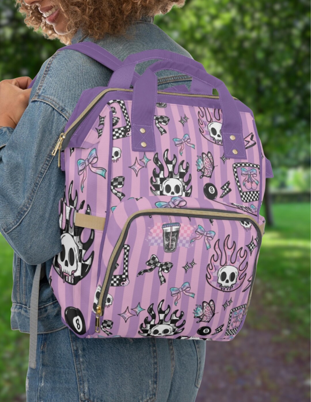 Pink and Purple Skulls and Stripes Diaper Bag | Pink and Punk Diaper ...