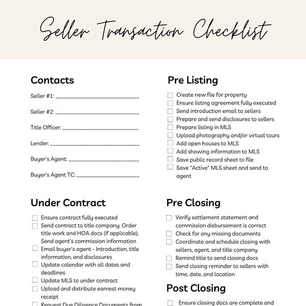 Transaction Coordinator Checklist - Etsy