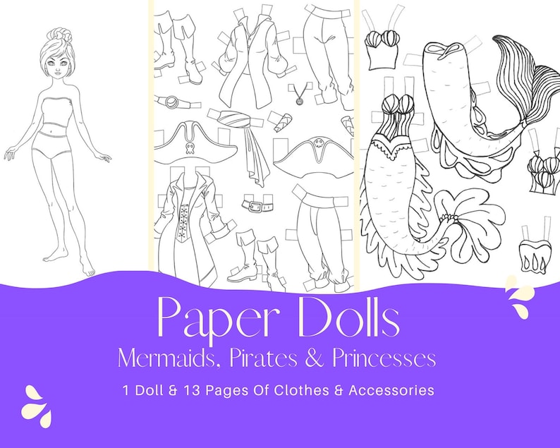 Mega Pack Paper Dolls to Color on Your Own Princess Paper Dolls Mermaid ...