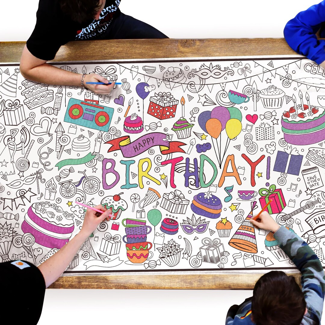 Happy Birthday Coloring Table Runner Party Banner Bday Gift for Kids ...