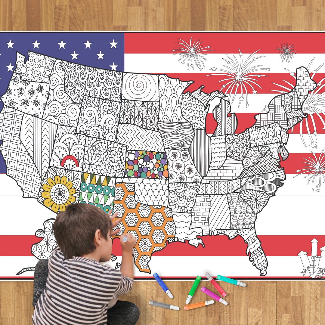 USA Map Coloring Page Giant Coloring Sheet With Fireworks Patriotic ...