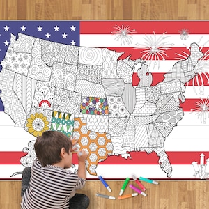 USA Map Coloring Page Giant Coloring Sheet With Fireworks Patriotic ...