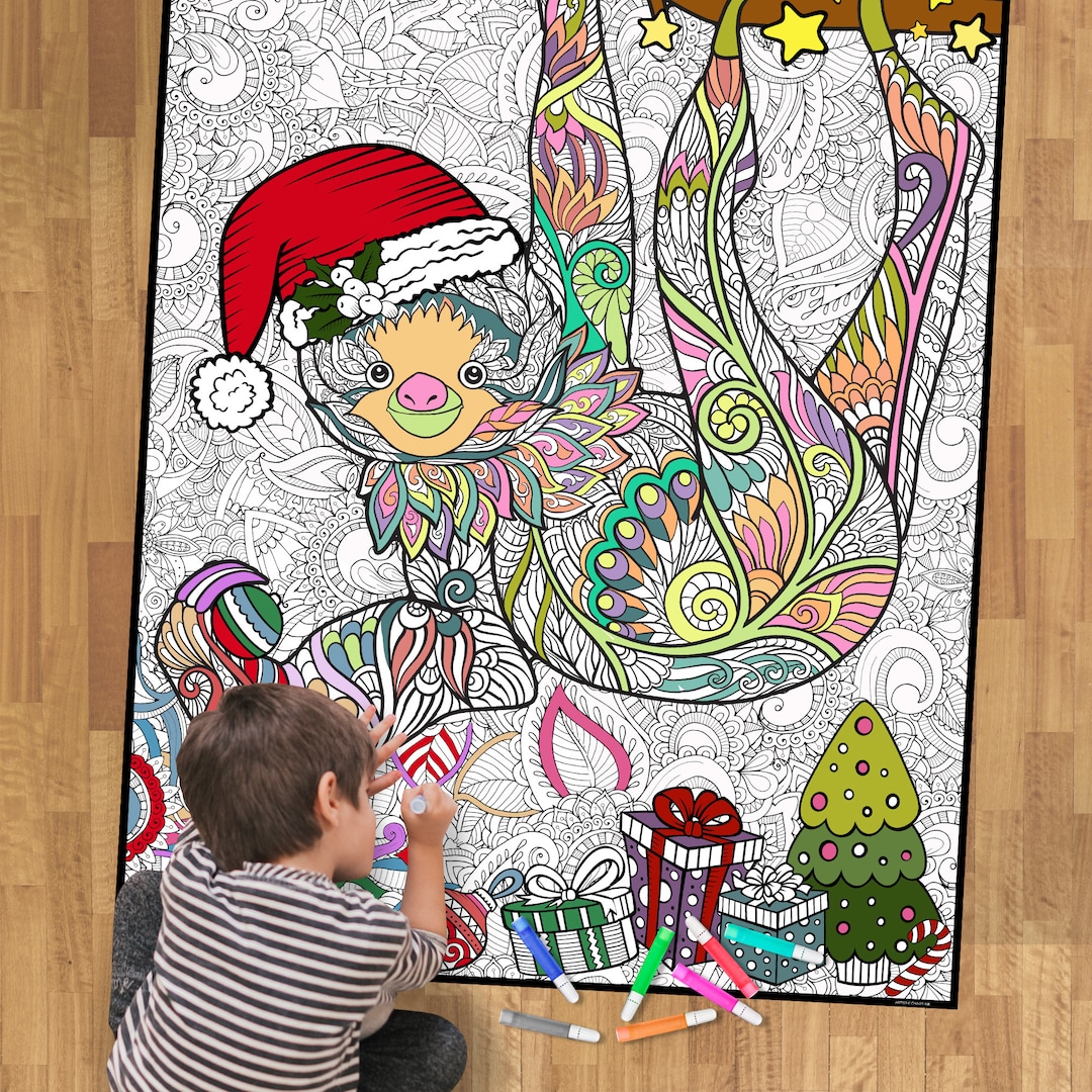 Christmas Sloth Coloring Page Giant Coloring Poster With Santa Sloth ...