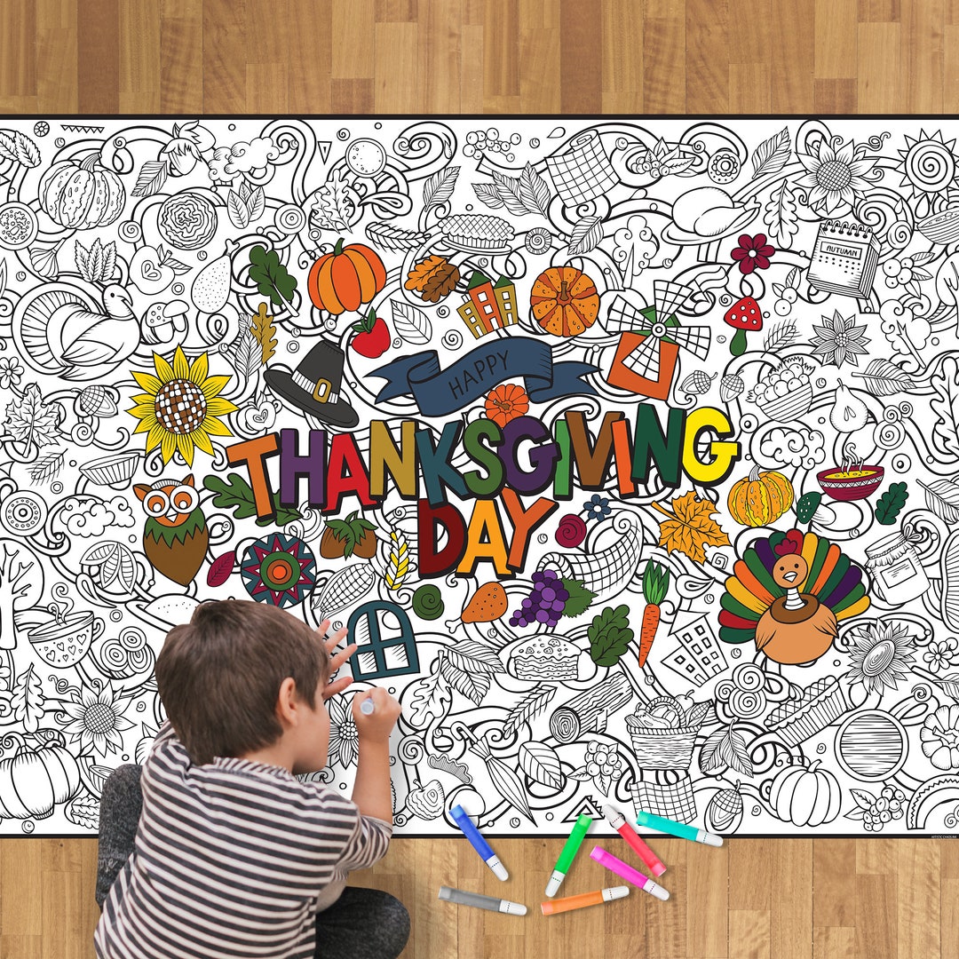 Thanksgiving Coloring Poster Dinner Table Decor Activity Coloring Page ...