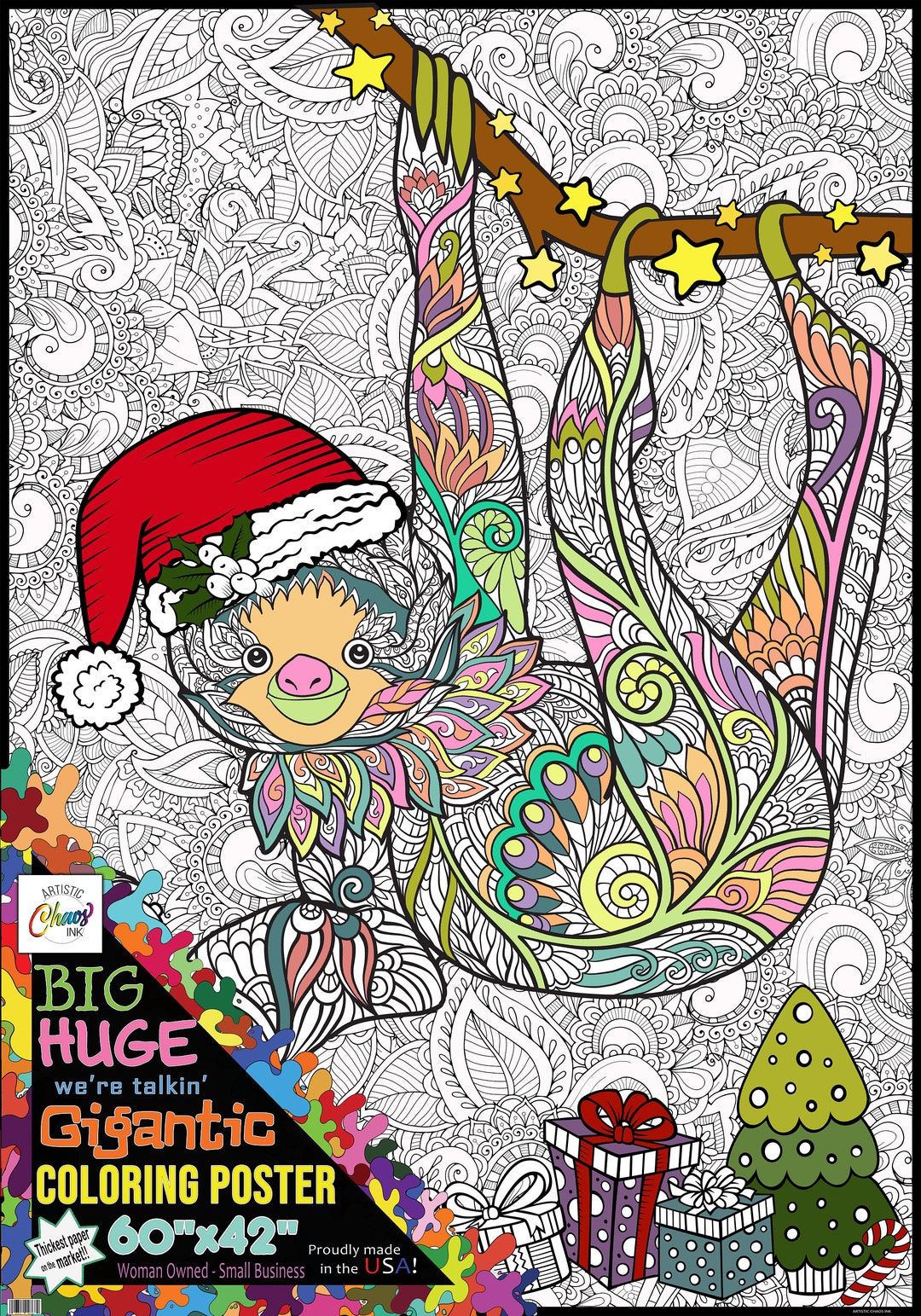 Christmas Sloth Coloring Page Giant Coloring Sheet With Name - Etsy