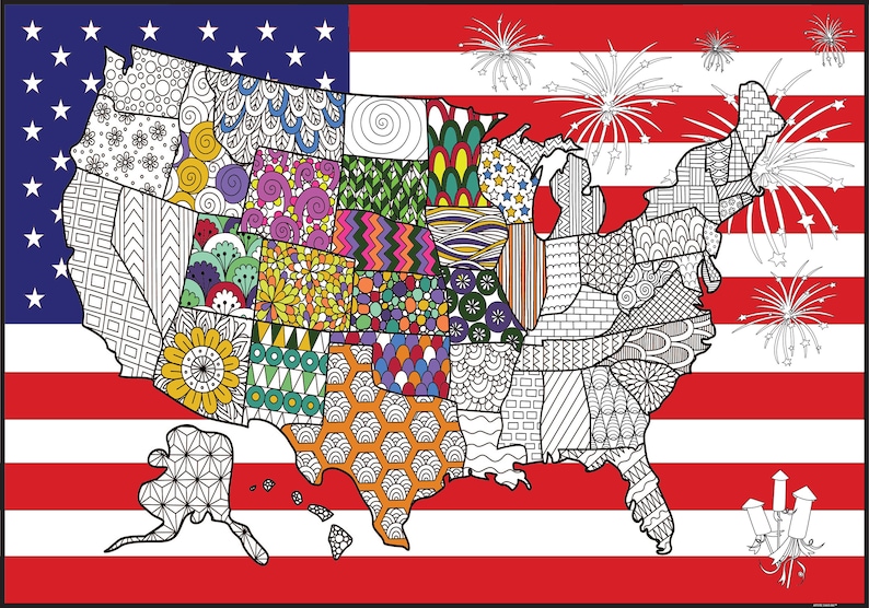 USA Map Coloring Page, Giant Coloring Sheet With Name, Patriotic Flag ...