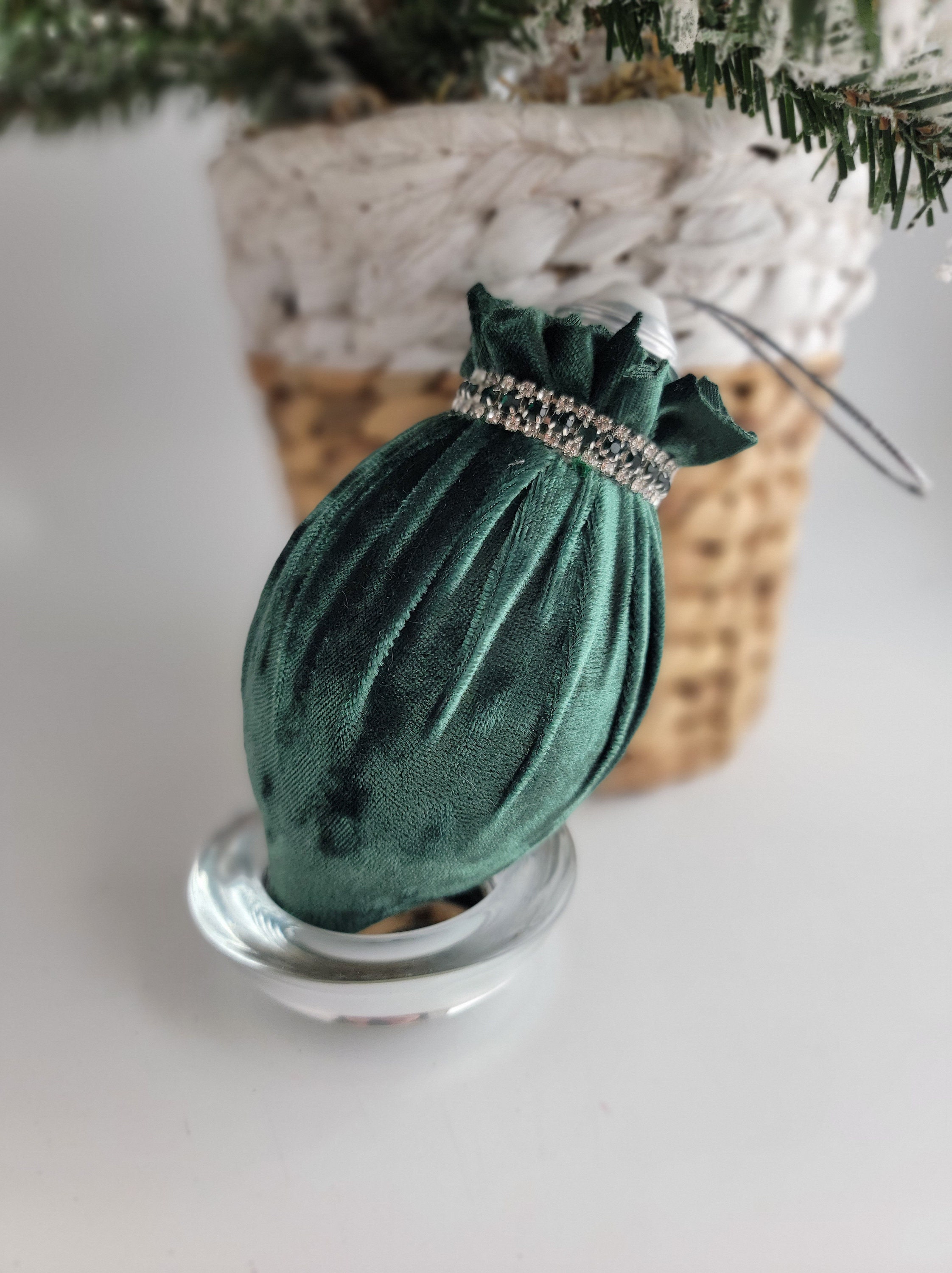 Green Velvet Ornament, Green & Clear Rhinestones, Light Bulb Shape ...