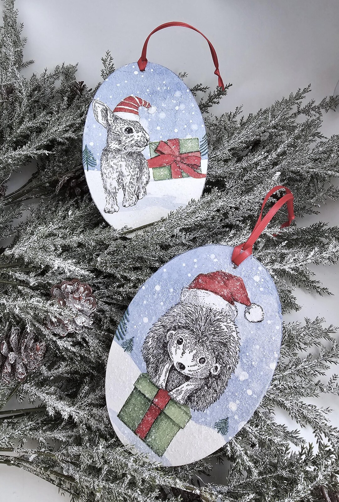 Christmas Ornaments, Decoupage, Rabbit and Porcupine, Pair - Etsy