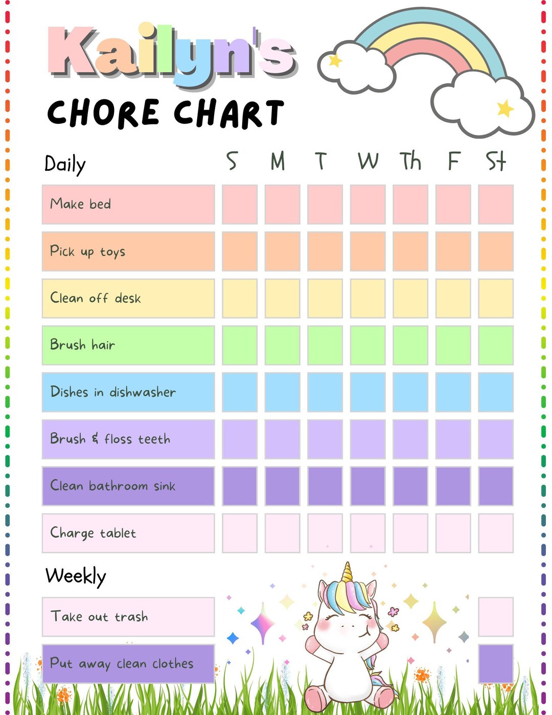 Rainbow Unicorn Chore Chart - Etsy