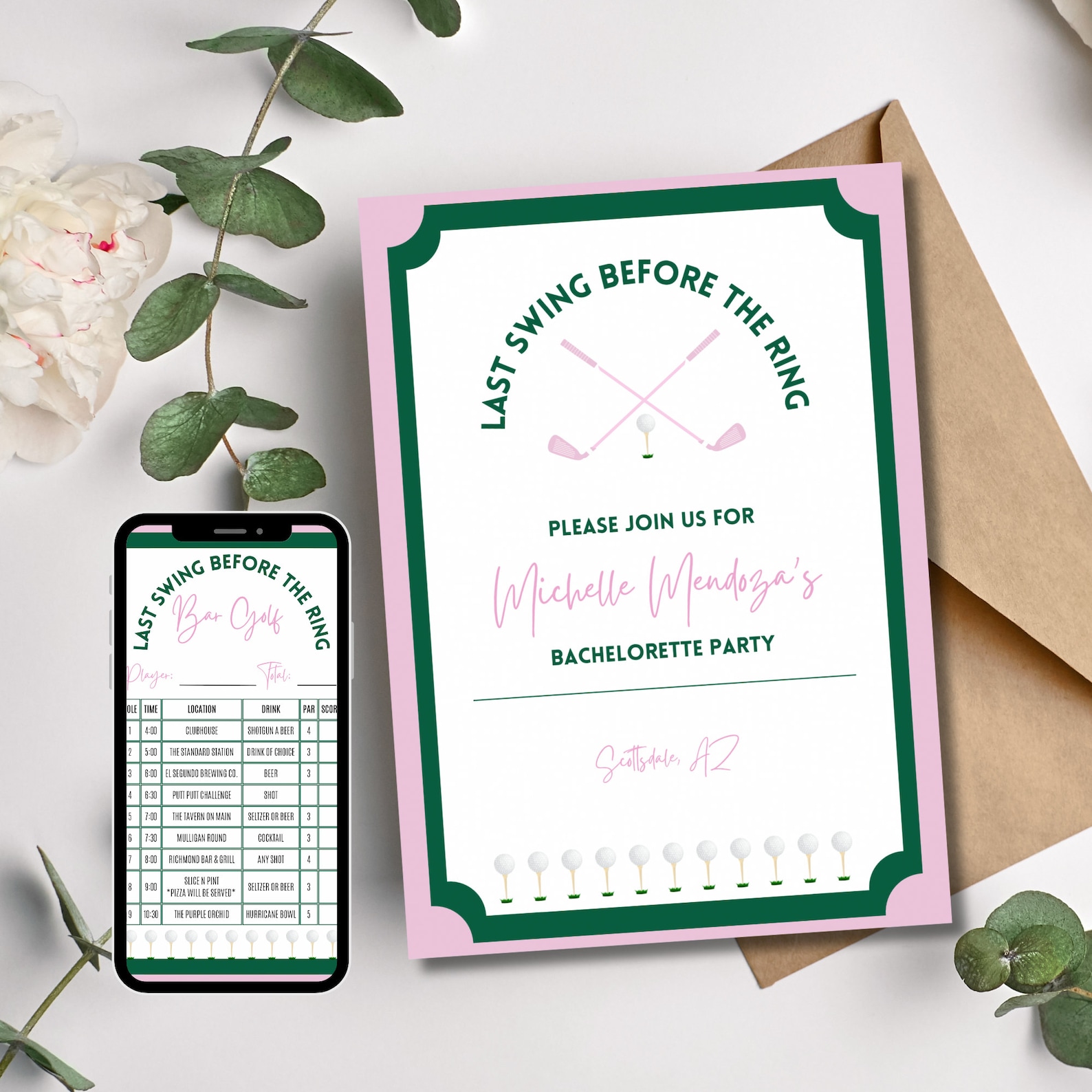 Custom Bar Golf Pub Crawl Bachelorette Invitation & Scorecard Template ...