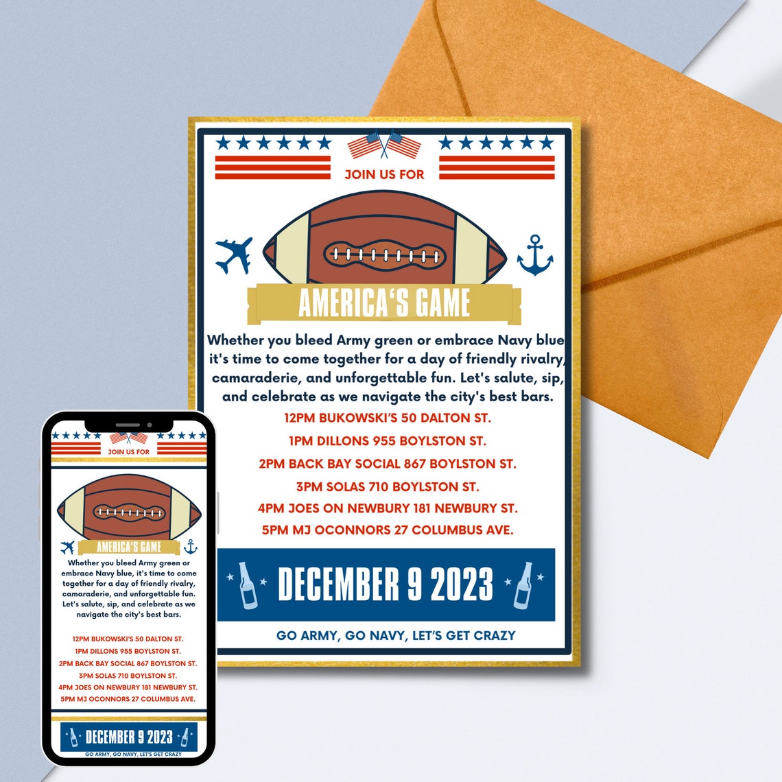 Army Vs Navy Game Bar Crawl Invitation: DIY Printable (digital Download ...