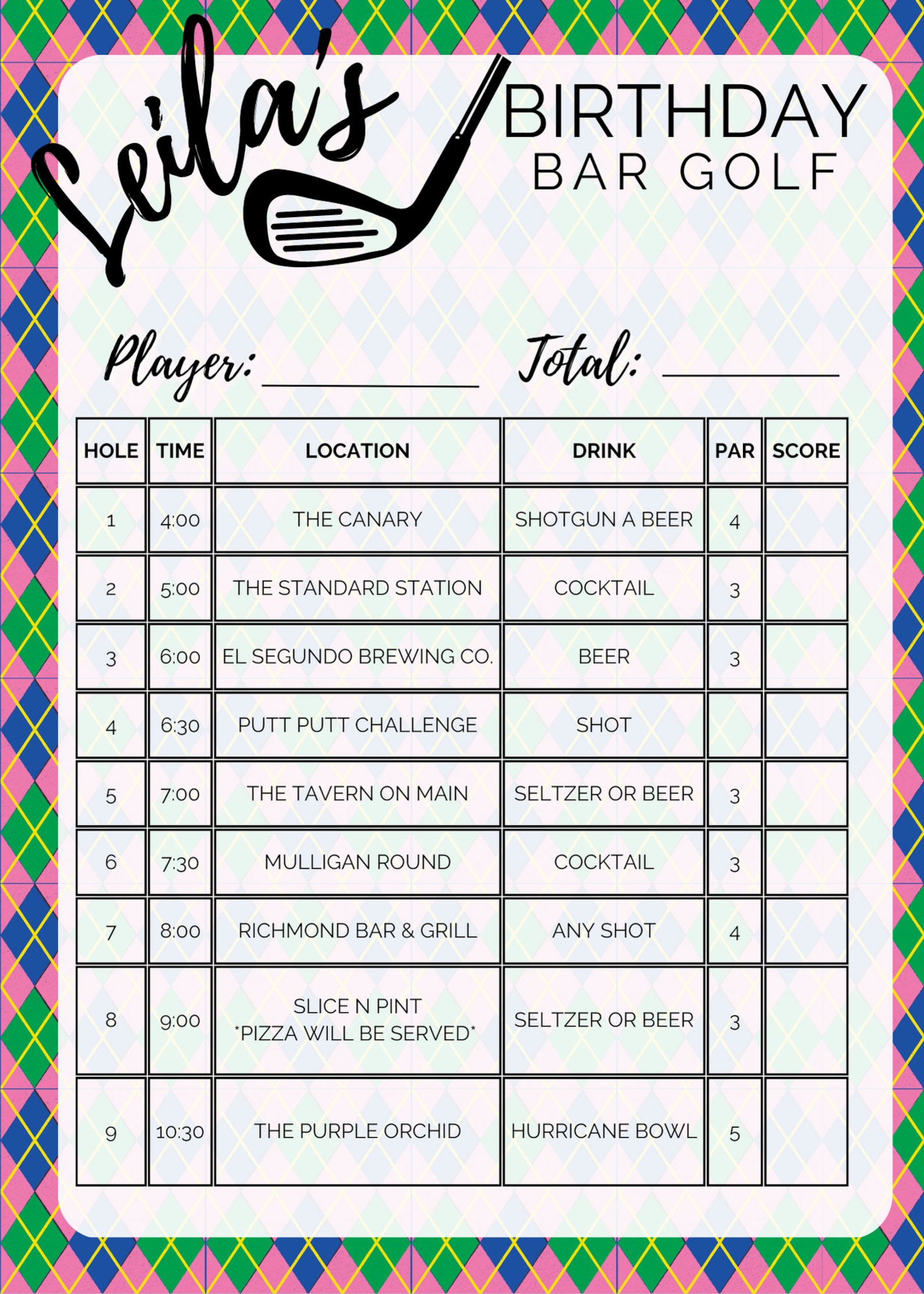 Bar Golf Crawl Scorecard | Editable Canva Templates | Printable Bar ...