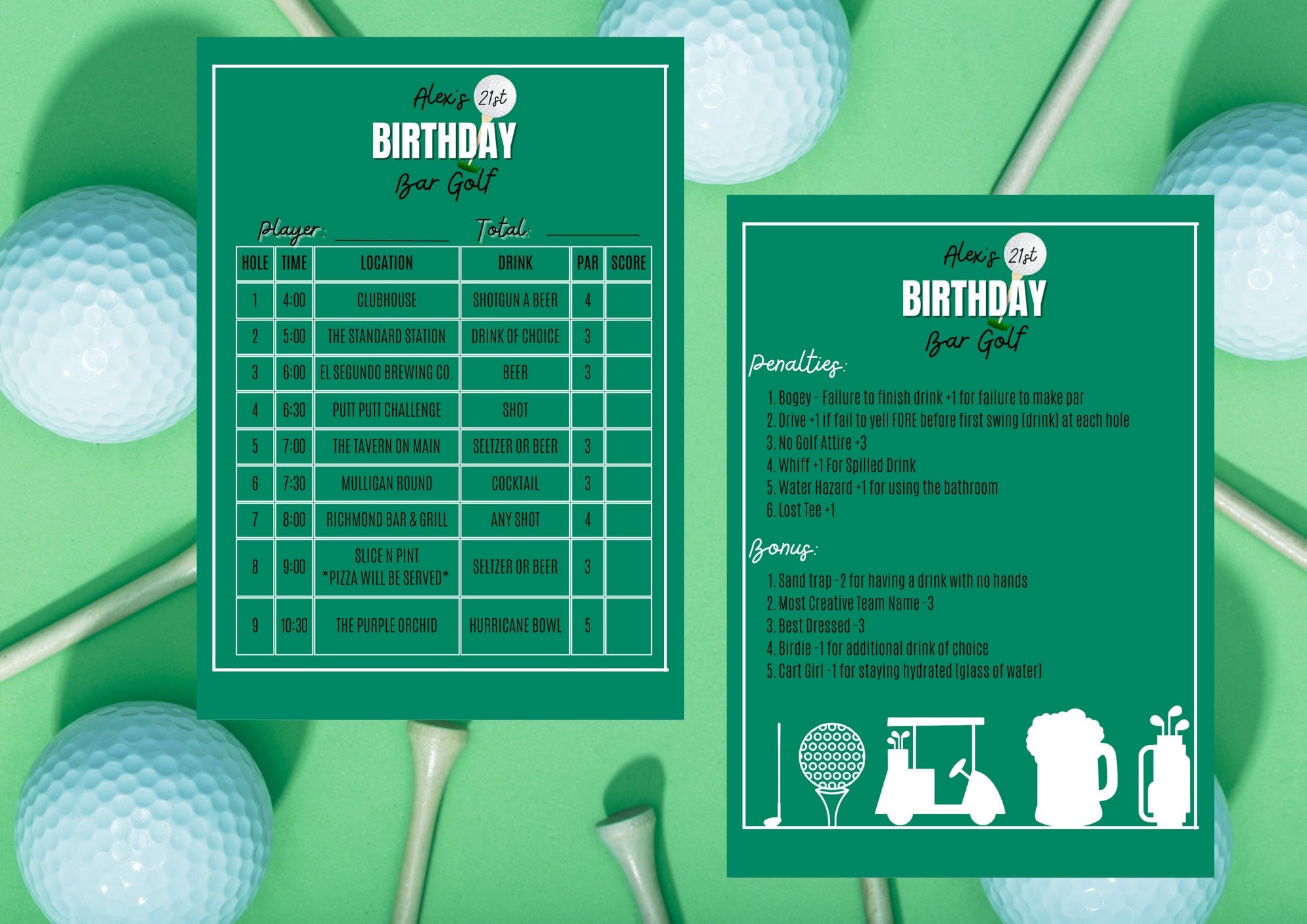 Custom Bar Golf Pub Crawl Birthday Invitation & Scorecard Template ...