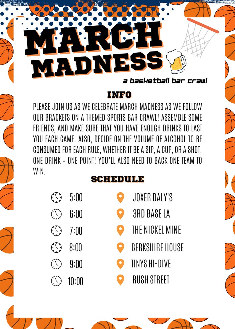 March Madness Bar Crawl Template: Basketball Party (printable) - Etsy