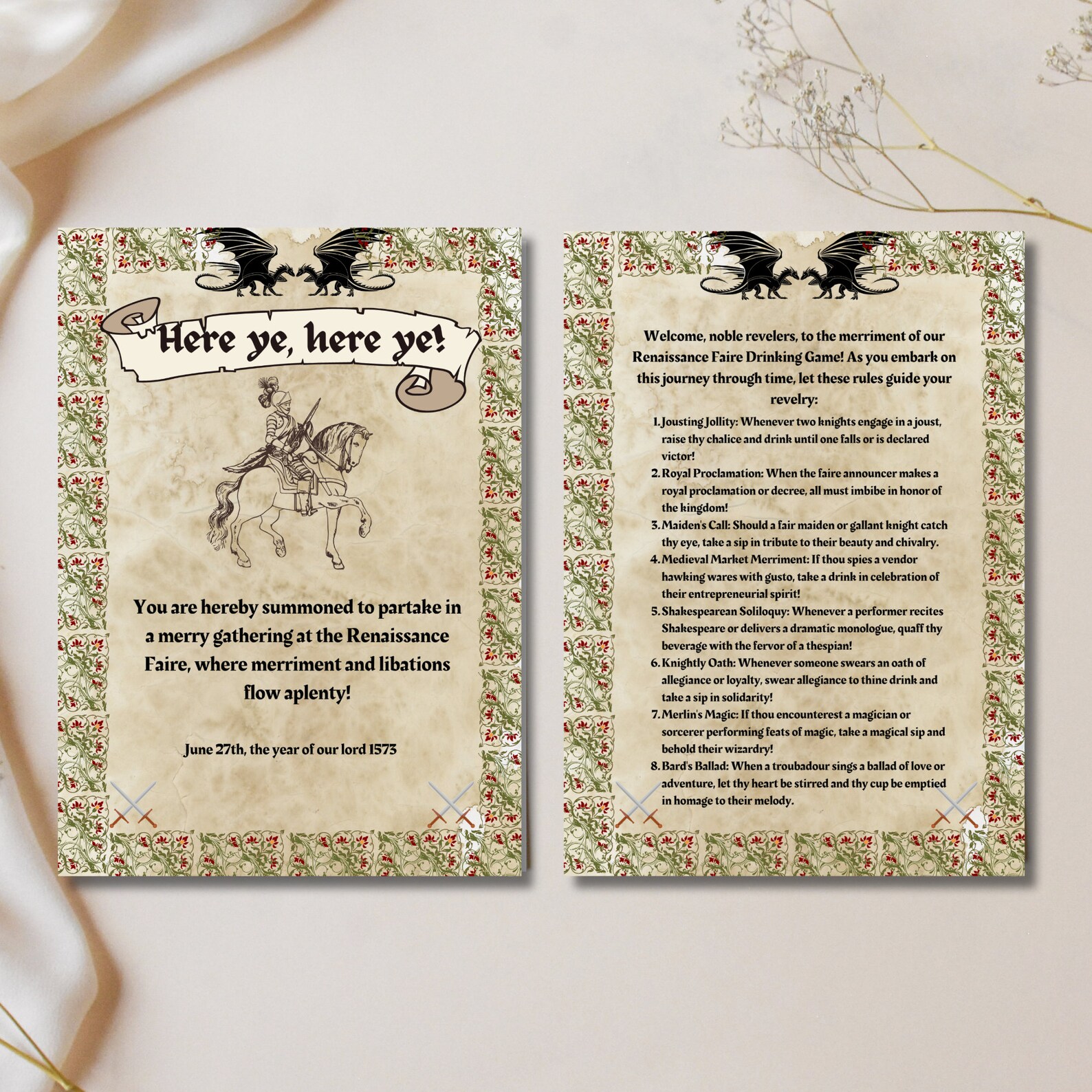 Renaissance Faire Drinking Game Template - Printable Party Invitation ...