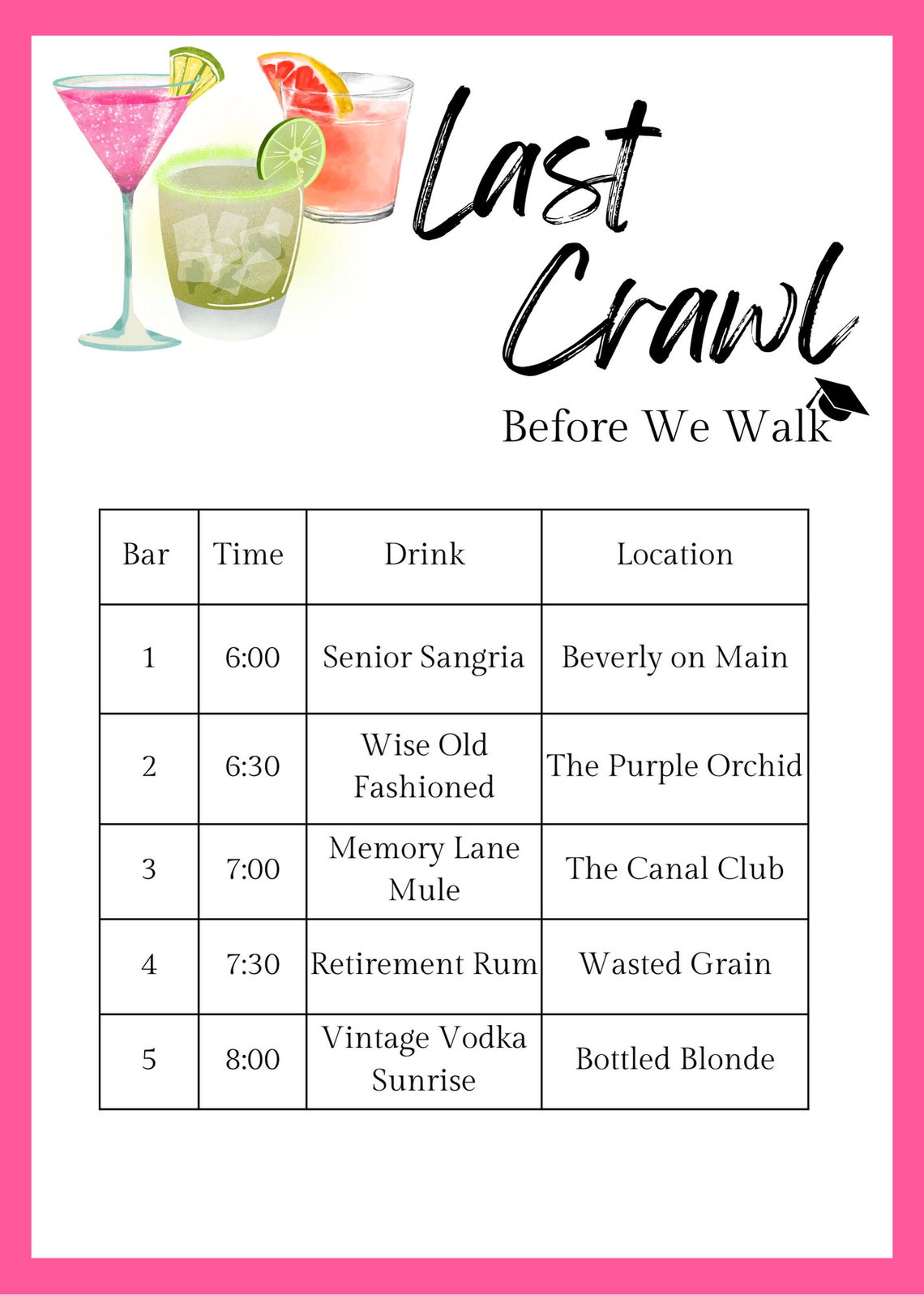 Senior Bar Crawl Digital Invitation - Sip Down Memory Lane - Class of ...