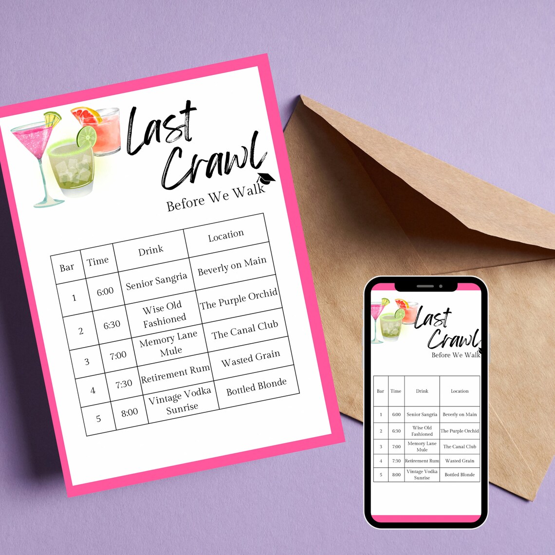 Senior Bar Crawl Digital Invitation - Sip Down Memory Lane - Class of ...