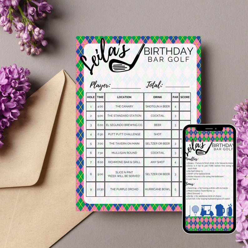 Bar Golf Crawl Scorecard | Editable Canva Templates | Printable Bar ...