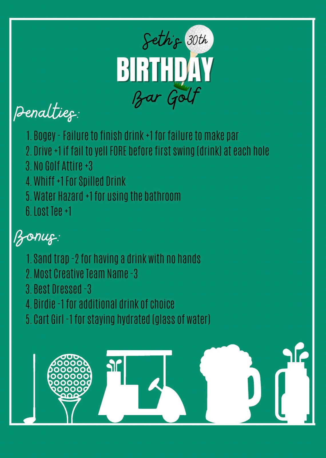 Custom Bar Golf Pub Crawl Birthday Invitation & Scorecard Template ...