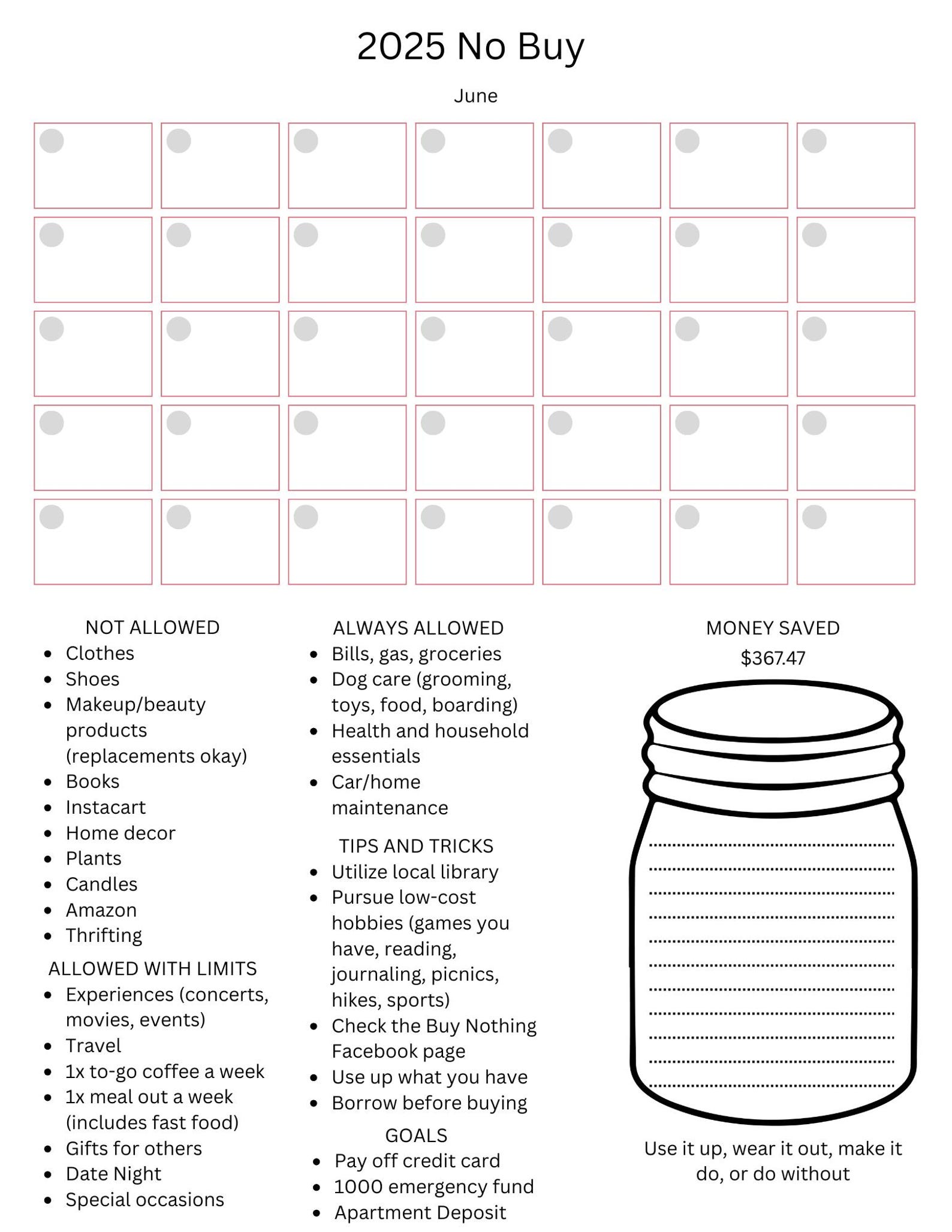 No Buy Tracker | No Spend Challenge Template | Digital Download ...