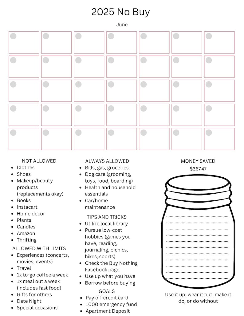 No Buy Tracker | No Spend Challenge Template | Digital Download ...
