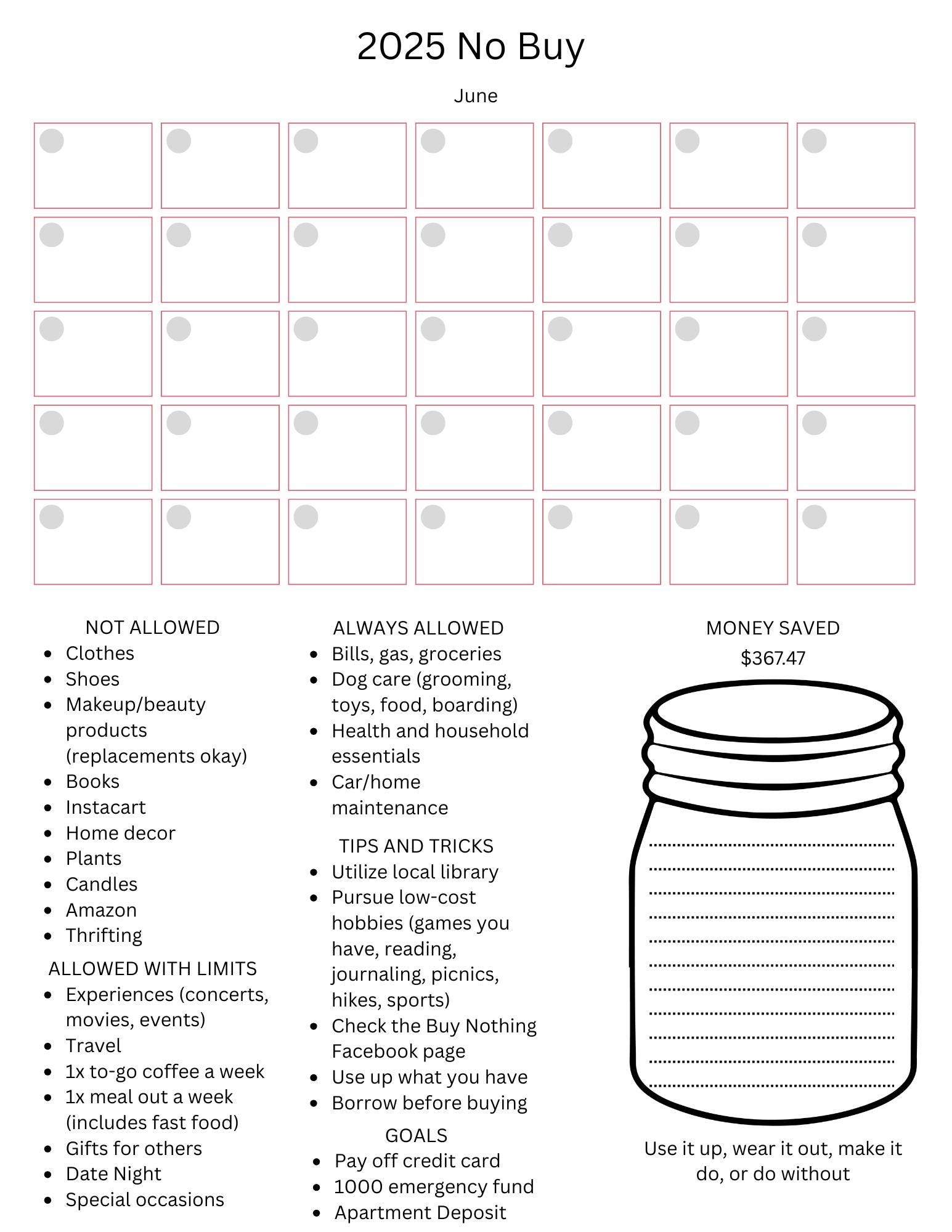 No Buy Tracker | No Spend Challenge Template | Digital Download ...