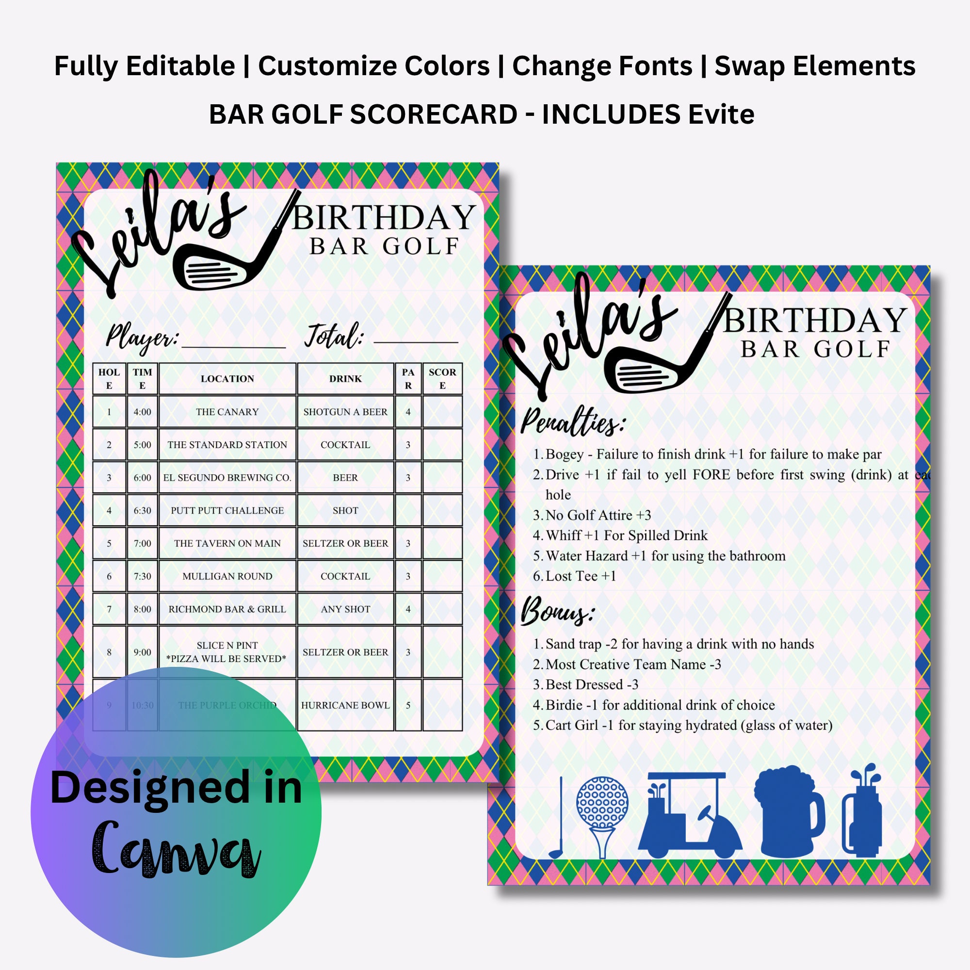 Bar Golf Crawl Scorecard | Editable Canva Templates | Printable Bar ...