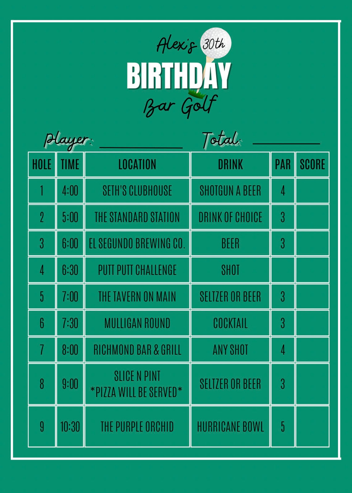 Custom Bar Golf Pub Crawl Birthday Invitation & Scorecard Template ...
