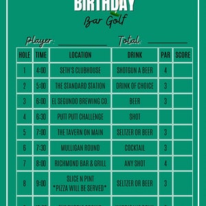 Custom Bar Golf Pub Crawl Birthday Invitation & Scorecard Template ...