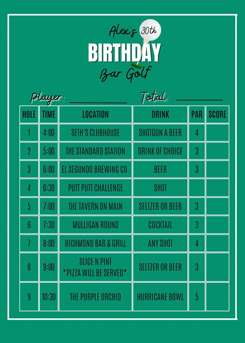 Custom Bar Golf Pub Crawl Birthday Invitation & Scorecard Template ...