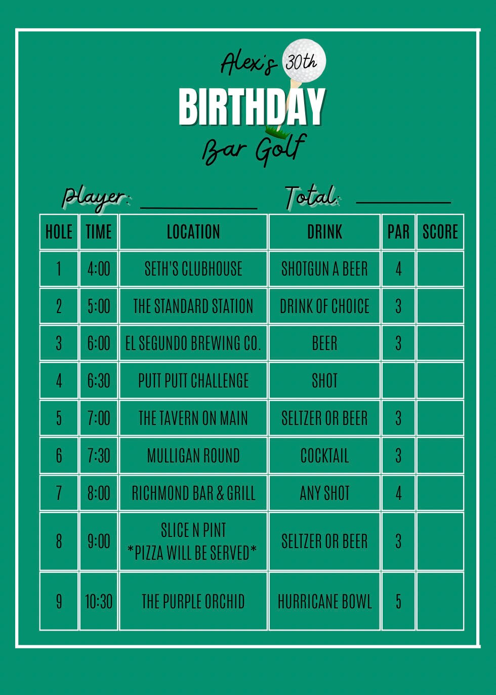 Custom Bar Golf Pub Crawl Birthday Invitation & Scorecard Template ...