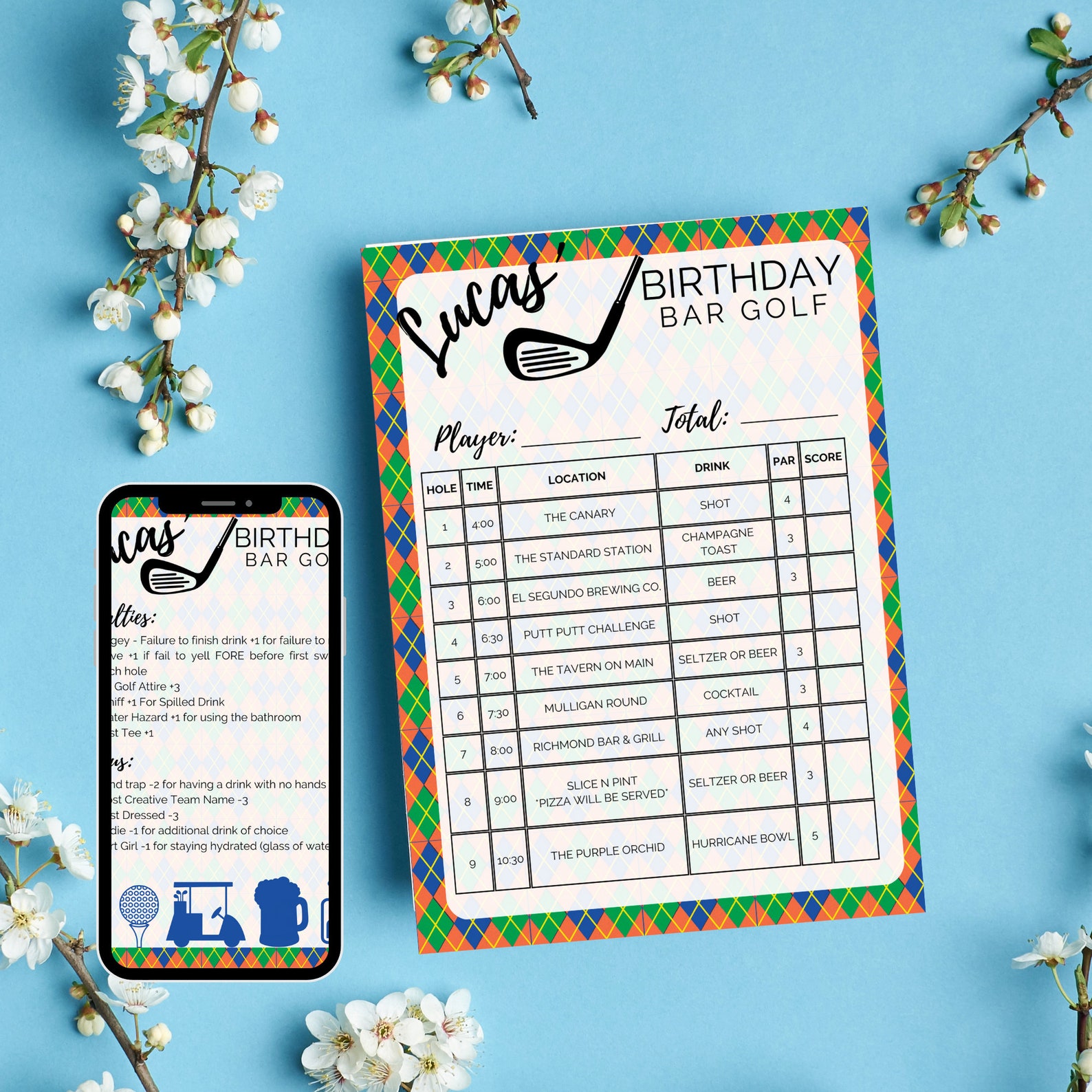 Custom Bar Golf Pub Crawl Birthday Invitation & Scorecard - Etsy