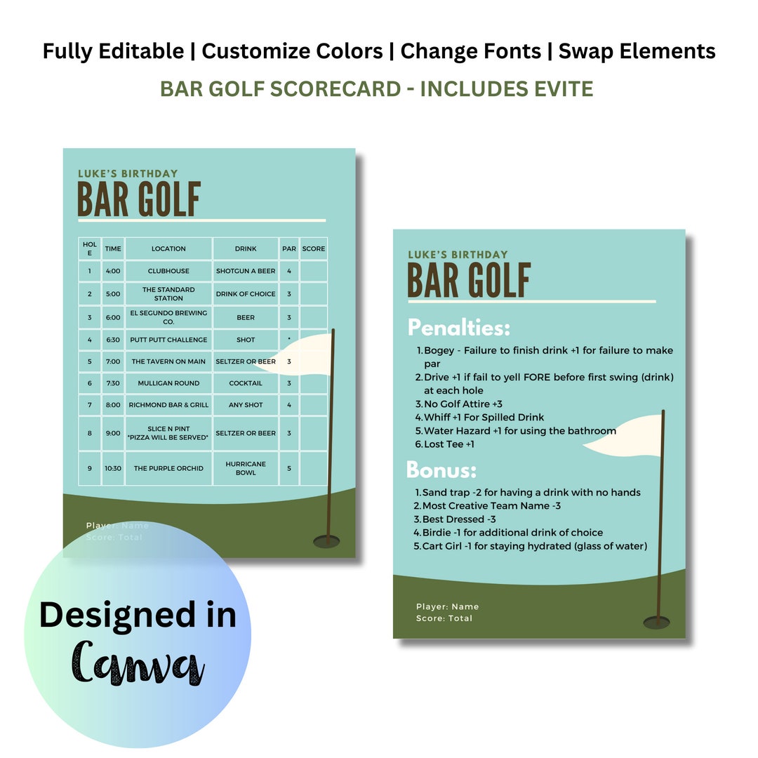 Bar Golf Crawl Scorecard | Editable Canva Templates | Printable Bar ...