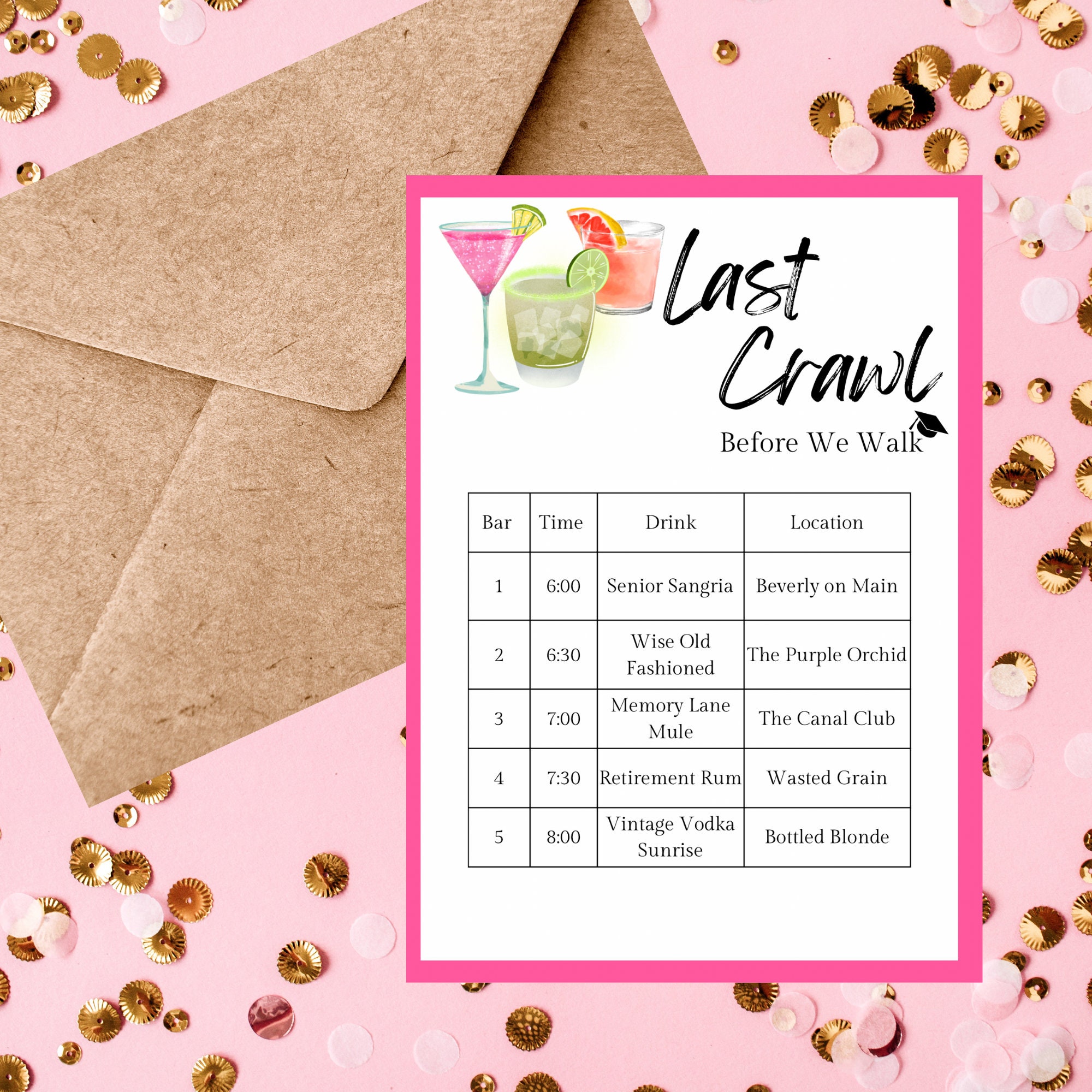 Senior Bar Crawl Digital Invitation - Sip Down Memory Lane - Class of ...