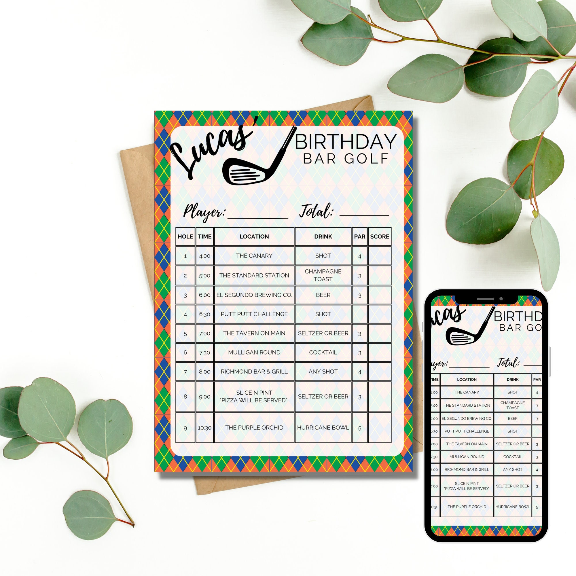 Custom Bar Golf Pub Crawl Birthday Invitation & Scorecard Template ...