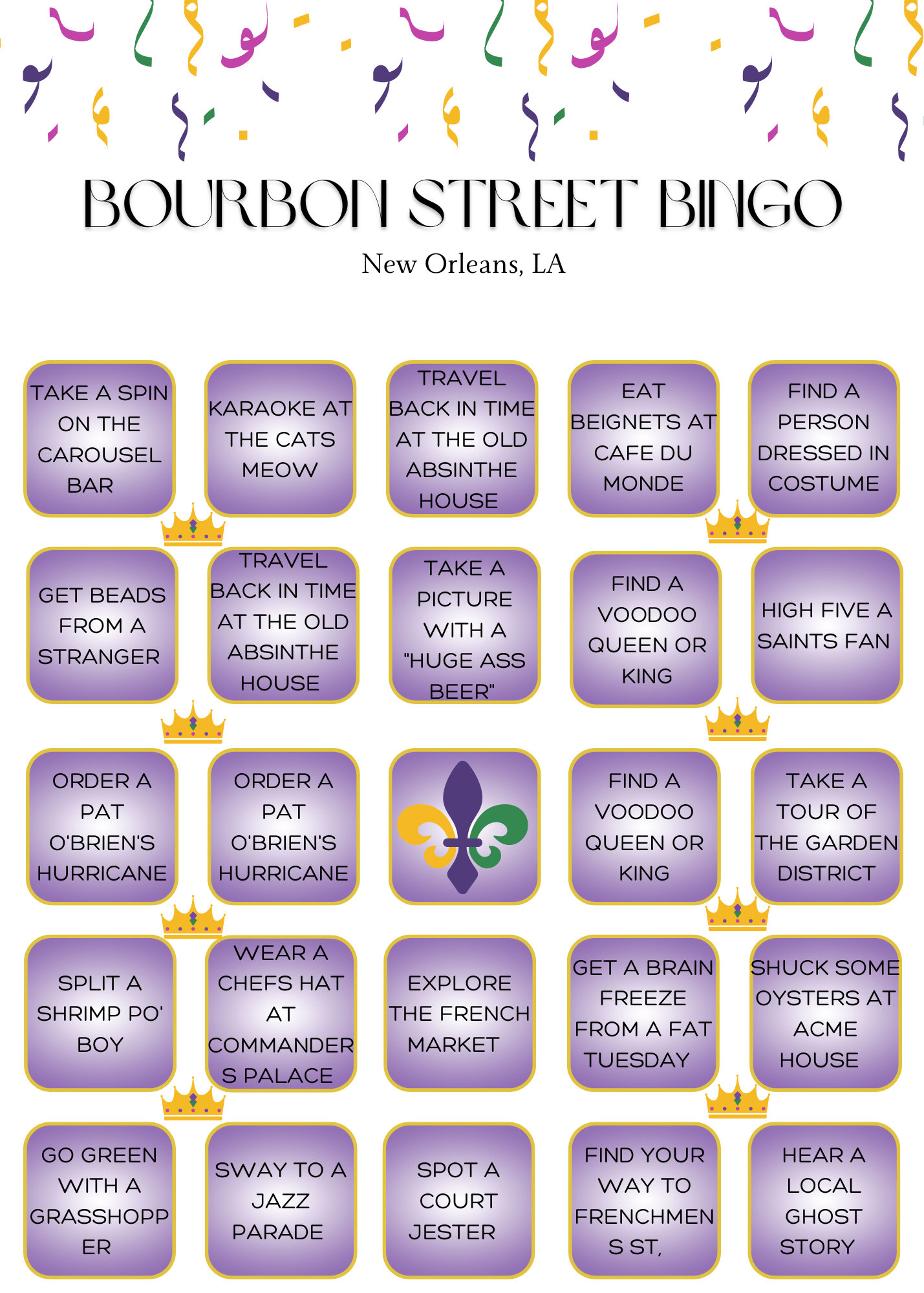 Editable Template - Bourbon Street Bingo, New Orleans Bar Crawl NOLA - Etsy