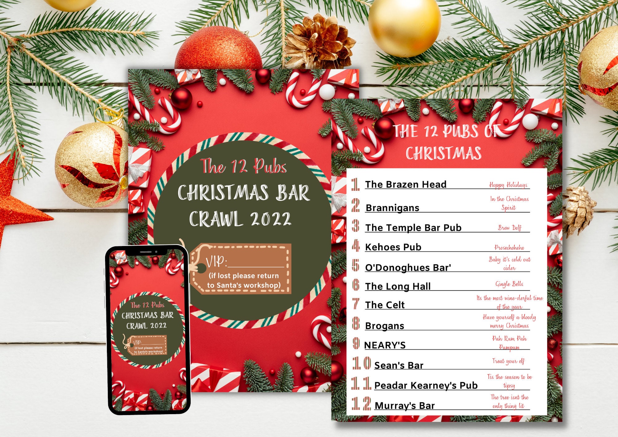 The 12 Pubs Christmas Party Pub Crawl List, 12 Bars of Christmas Party Badge, Christmas Pub ...