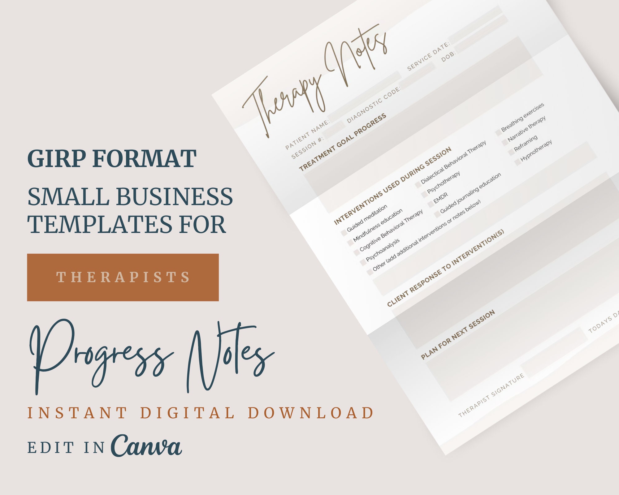 Therapy Progress Notes GIRP Editable Canva Template Printable Digital ...