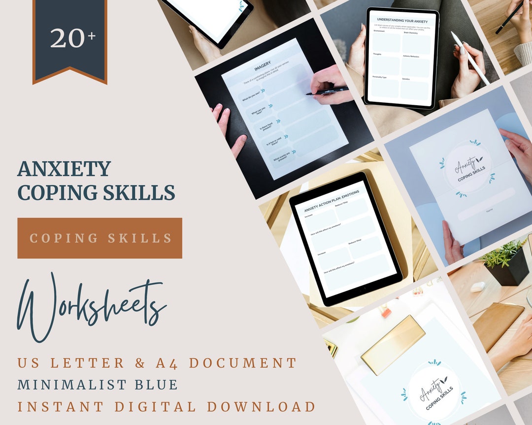 Anxiety Coping Skills Worksheets Printable Minimalist Blue 20 A4 & US ...
