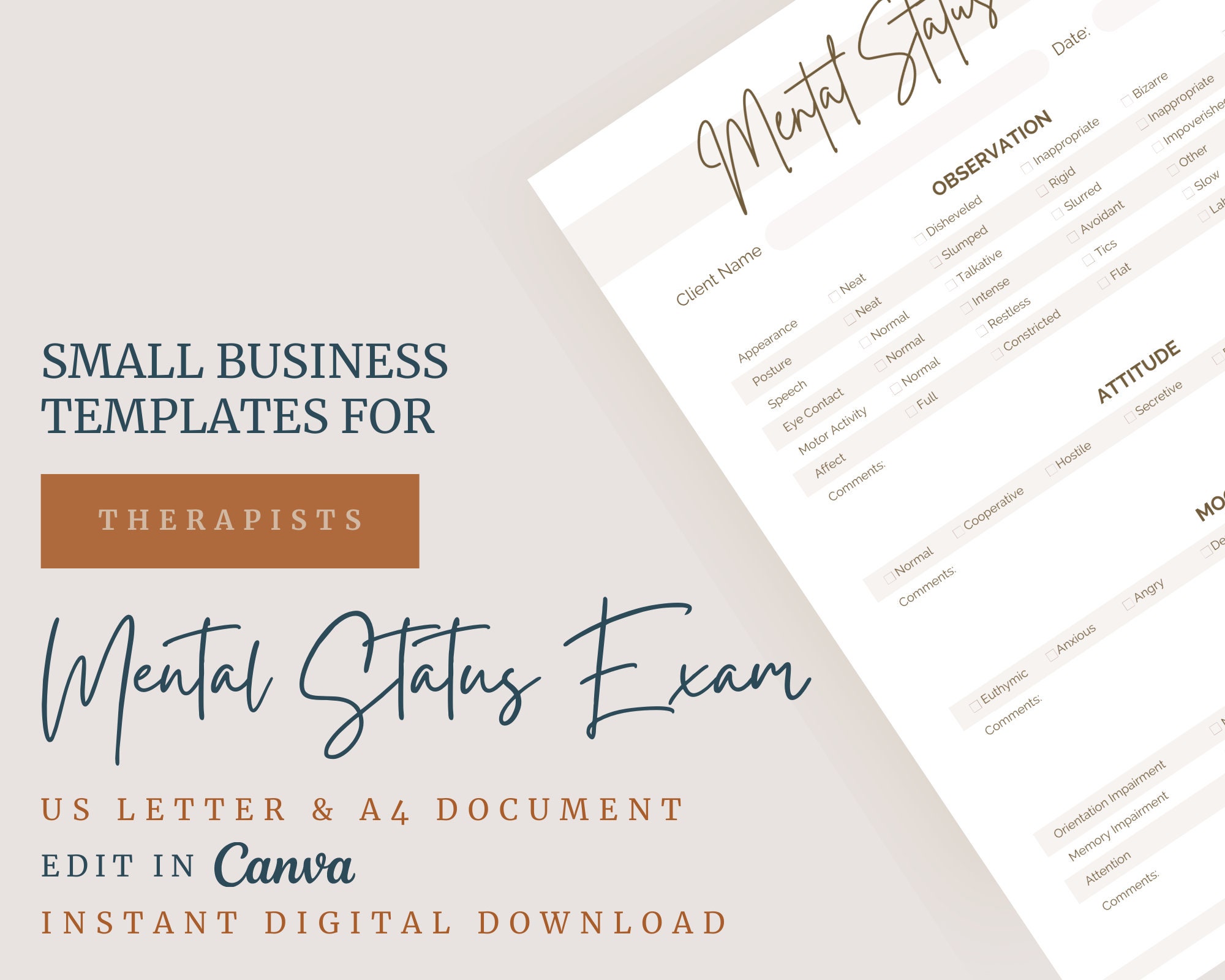 Mental Status Exam Therapist Paperwork Therapy Notes Documentation ...