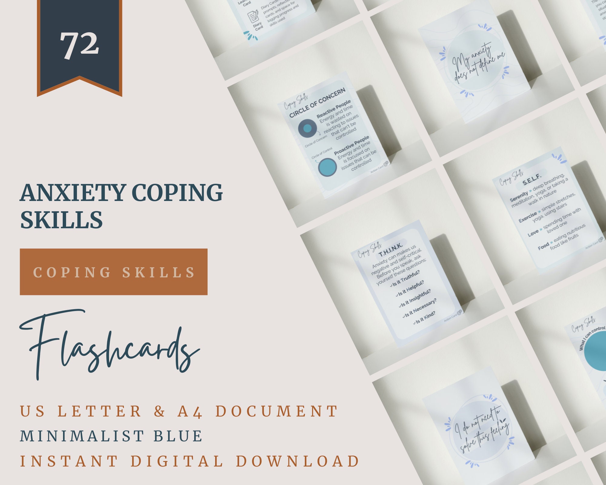 Anxiety Coping Skills Cards Flashcards Printable Minimalist Blue 64 ...