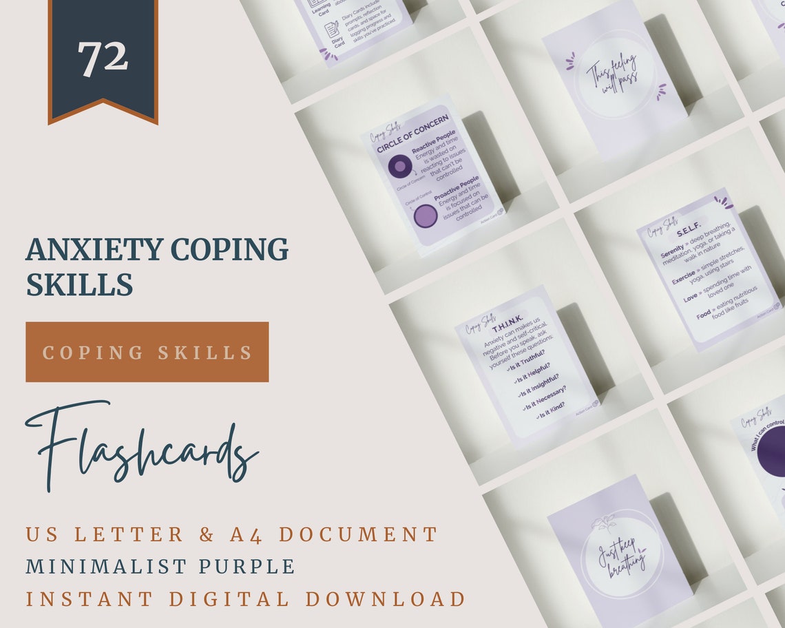 Anxiety Coping Skills Cards Flashcards Printable Minimalist Purple 64 ...
