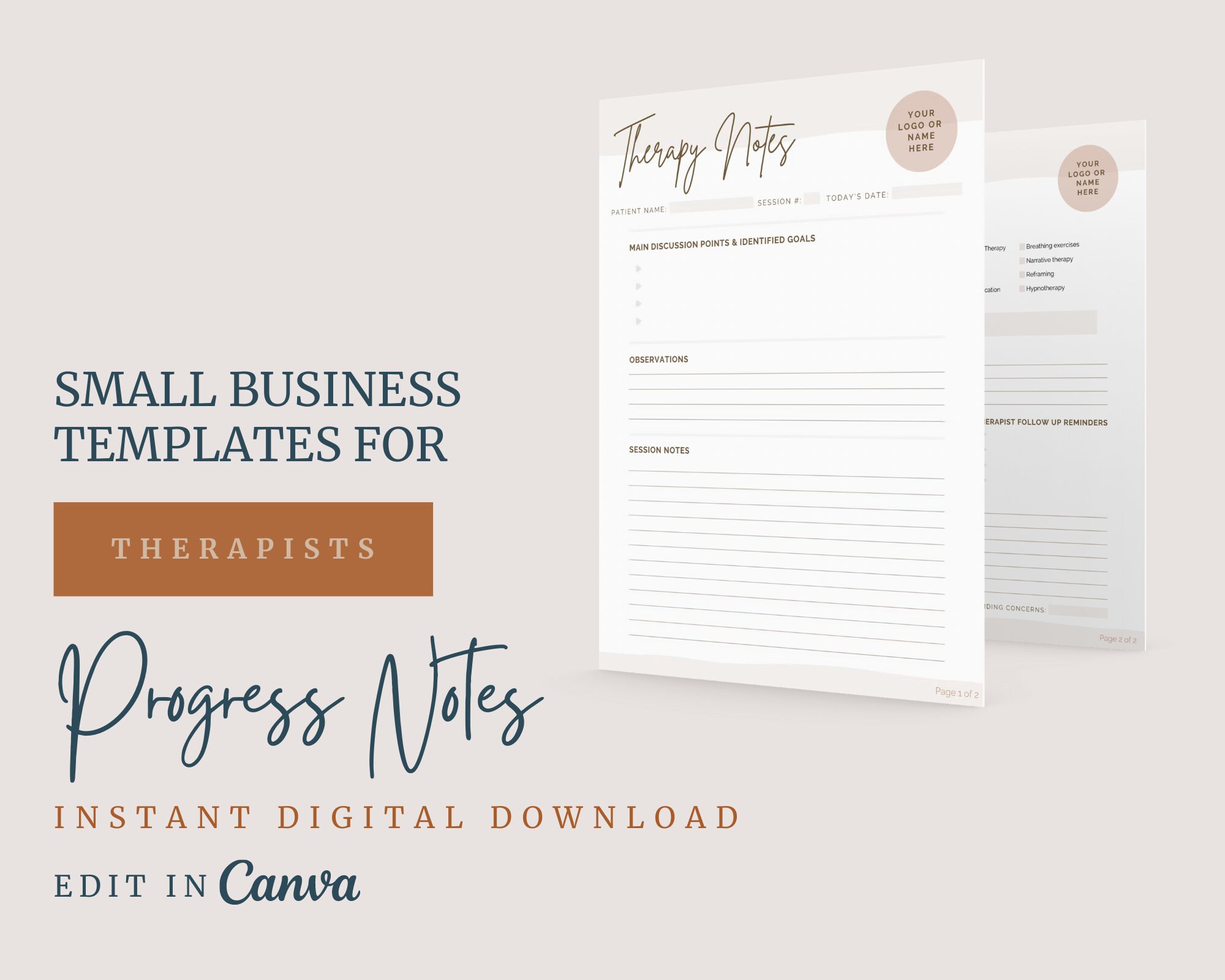 Therapy Progress Notes Editable Canva Template Printable Instant ...