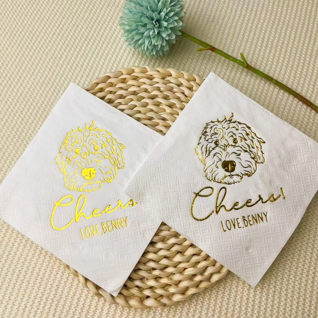 Custom Illustrated Dog Gold Foil Wedding Napkins, Personalized Pet ...
