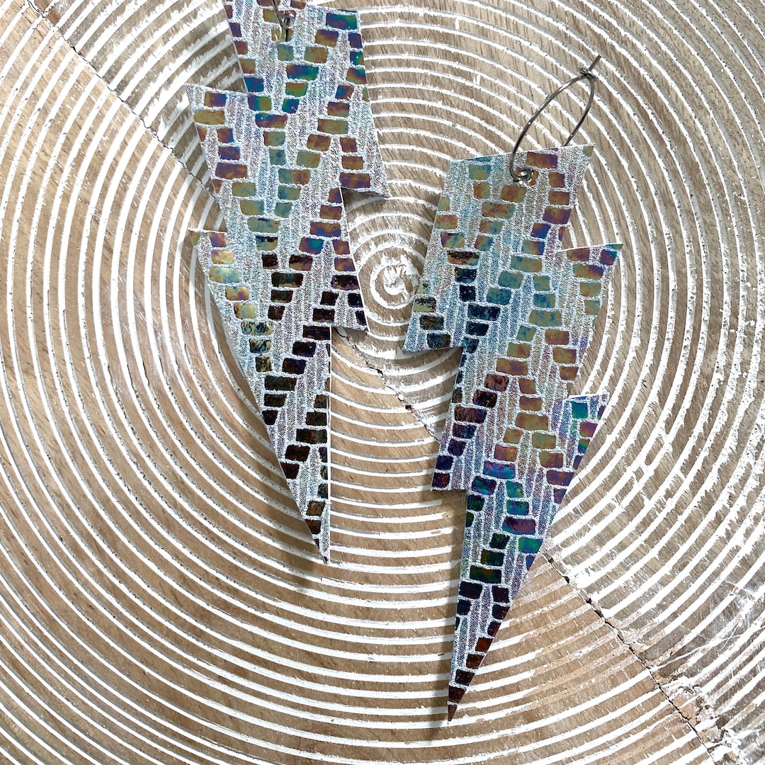 MEGA Oil Slick Metallic Silver Chevron Pattern Lightning Bolt Dangle ...