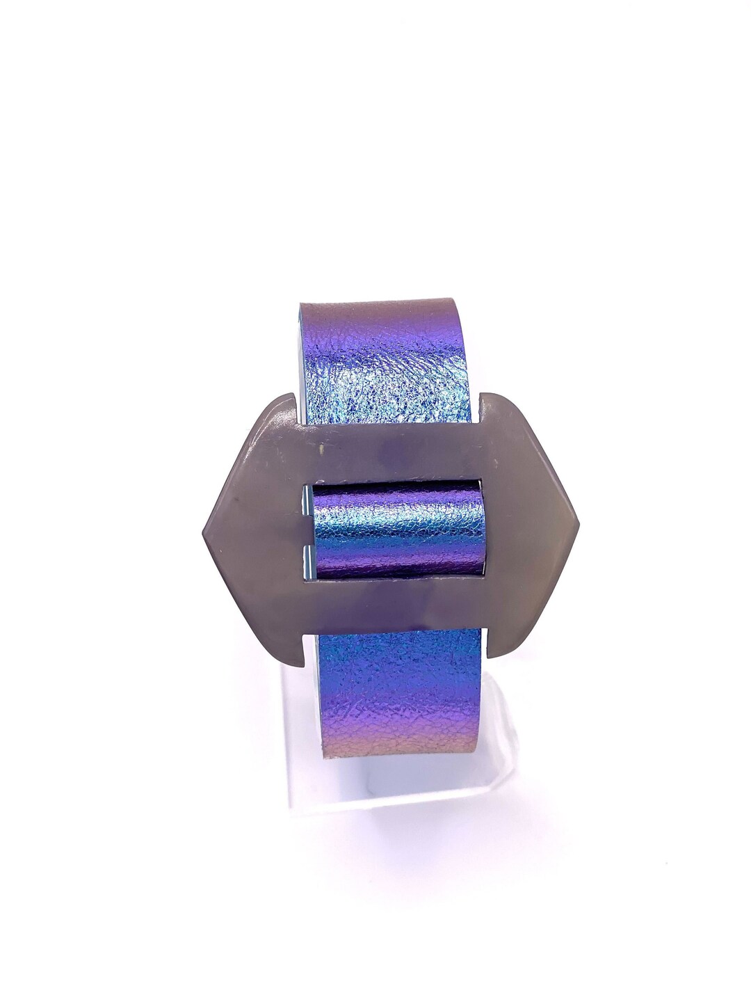 Shimmering Metallic Periwinkle Leather Cuff Bracelet Vintage Grey Belt ...