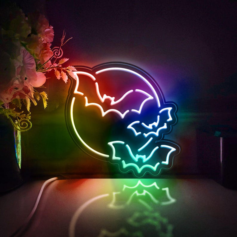 Moon and Bat Led Light Box, Flying Bat Wall Art Decor, Personalized ...