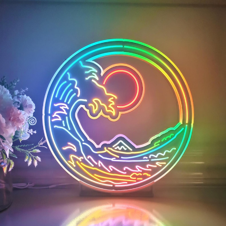 The Great Wave of Kanagawa Led Neon-like Wall Art , Great Wave Led Wall ...