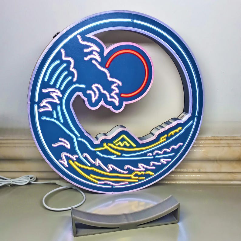 The Great Wave of Kanagawa Led Neon-like Wall Art , Great Wave Led Wall ...