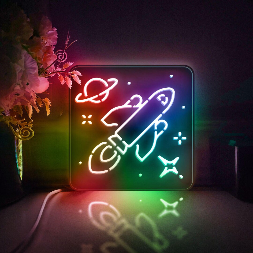 Spaceship Led Light Box, Rocket Wall Art Decor, Personalized Light Sign ...
